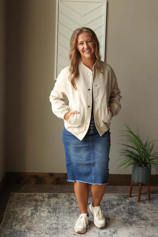 Beige Baseball Collar Snap Button Jacket Classy Closet Modest Clothing ...