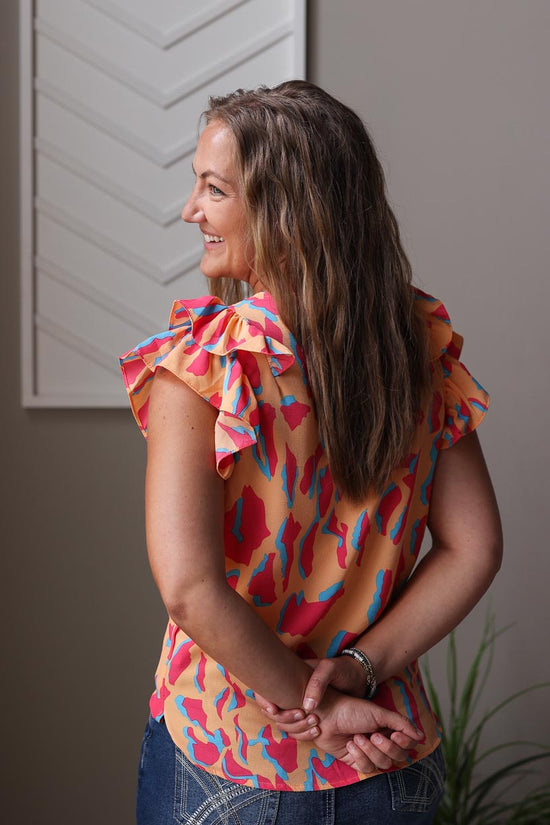Orange Abstract Print V-Neck Ruffle Sleeve Top Classy Closet Modest ...