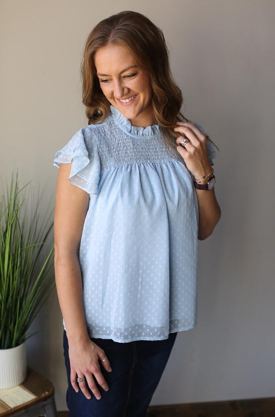 Light Blue Ruffle Sleeve Dot Blouse for Summer Outfits – Classy Closet Shop